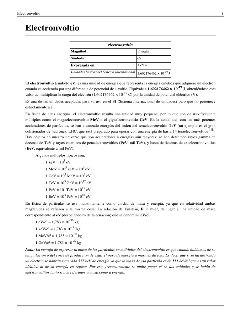 Electron Voltio | PDF | Electronvoltio | Cantidad