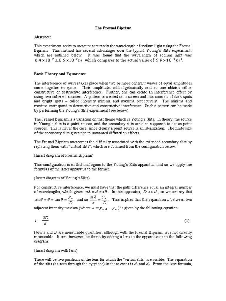 Fresnel Biprism | PDF | Interference (Wave Propagation) | Wavelength