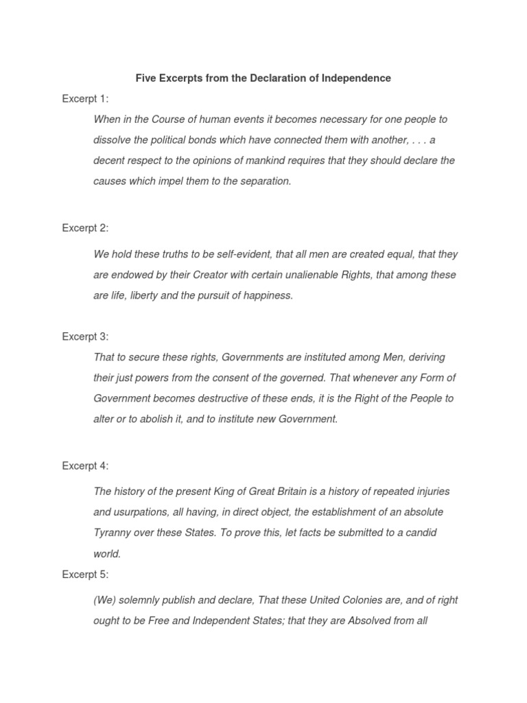 Five Excerpts From The Declaration of Independence | PDF