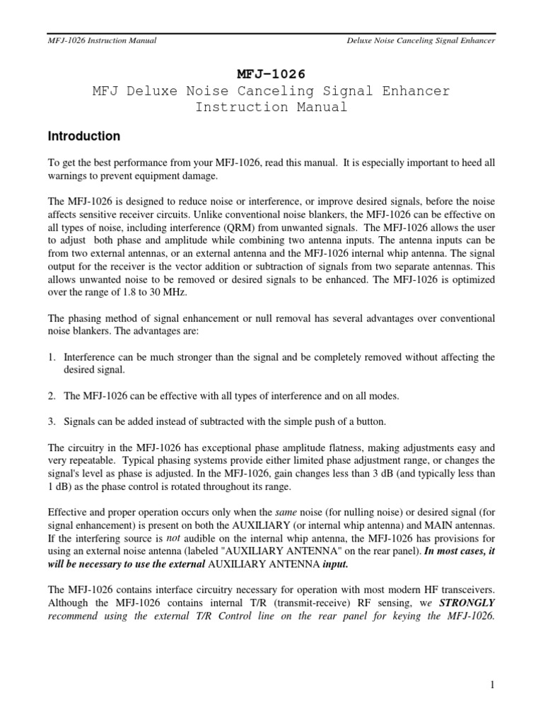 MFJ 1026 Noise Canceling Enhancer | PDF | Antenna (Radio) | Amplifier