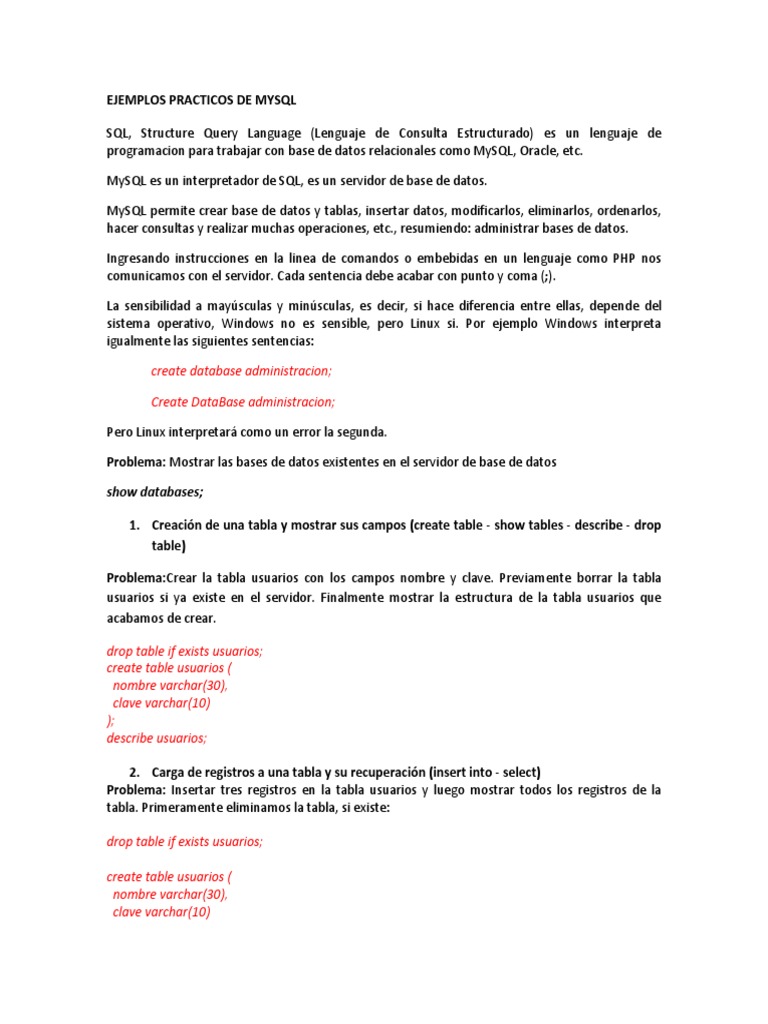 Ejemplos Practicos de Mysql | PDF | SQL | Bases de datos