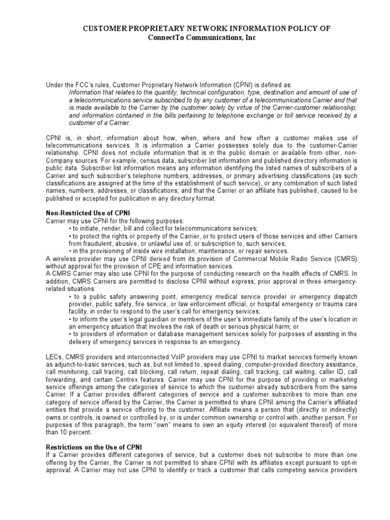 CPNI Policy Template 2013 | PDF | Federal Communications Commission ...