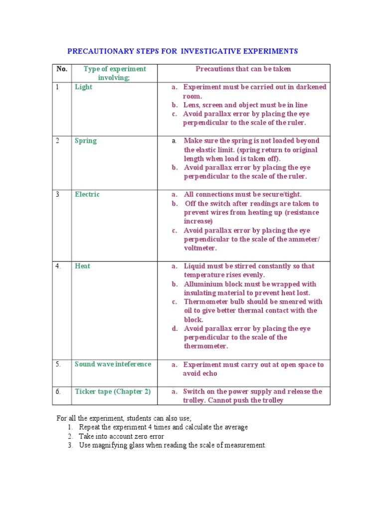 Physics Precautionary Steps For Investigative Experiments | PDF