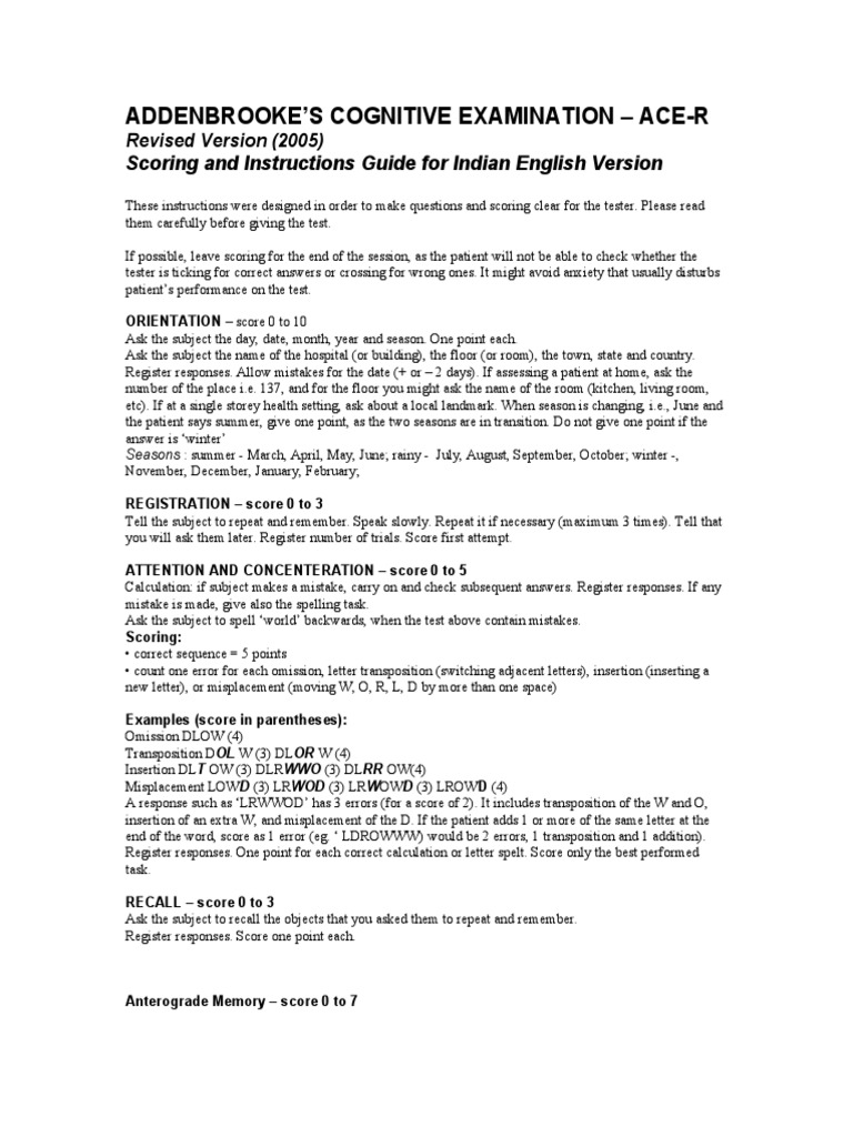 Addenbrooke'S Cognitive Examination - Ace-R: Scoring and Instructions ...