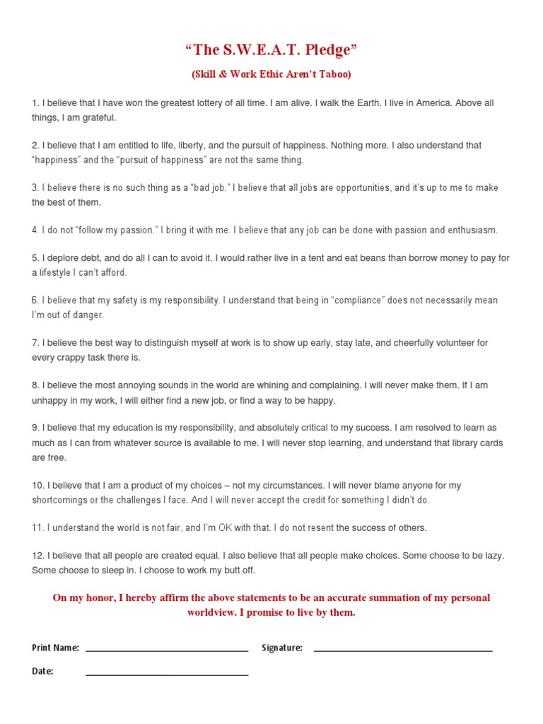 Mike Rowe's S.W.E.A.T. Pledge | PDF | Wellness