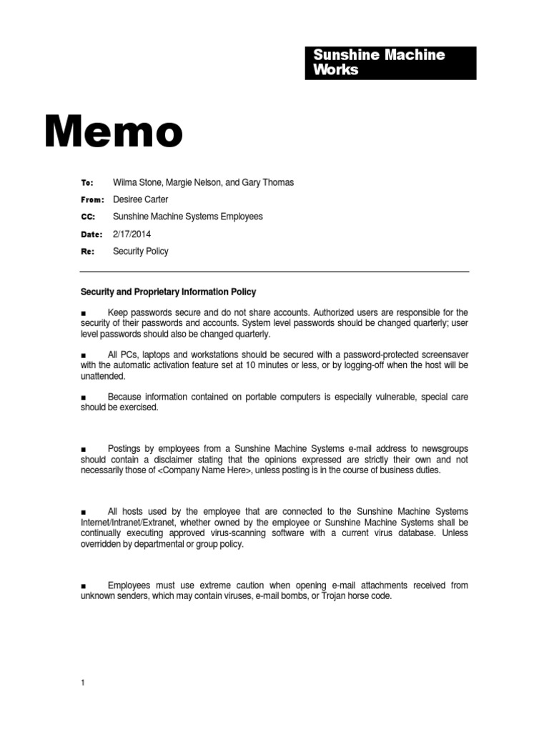 Sunshine Machine Works Policies Memo | PDF | Email | Password