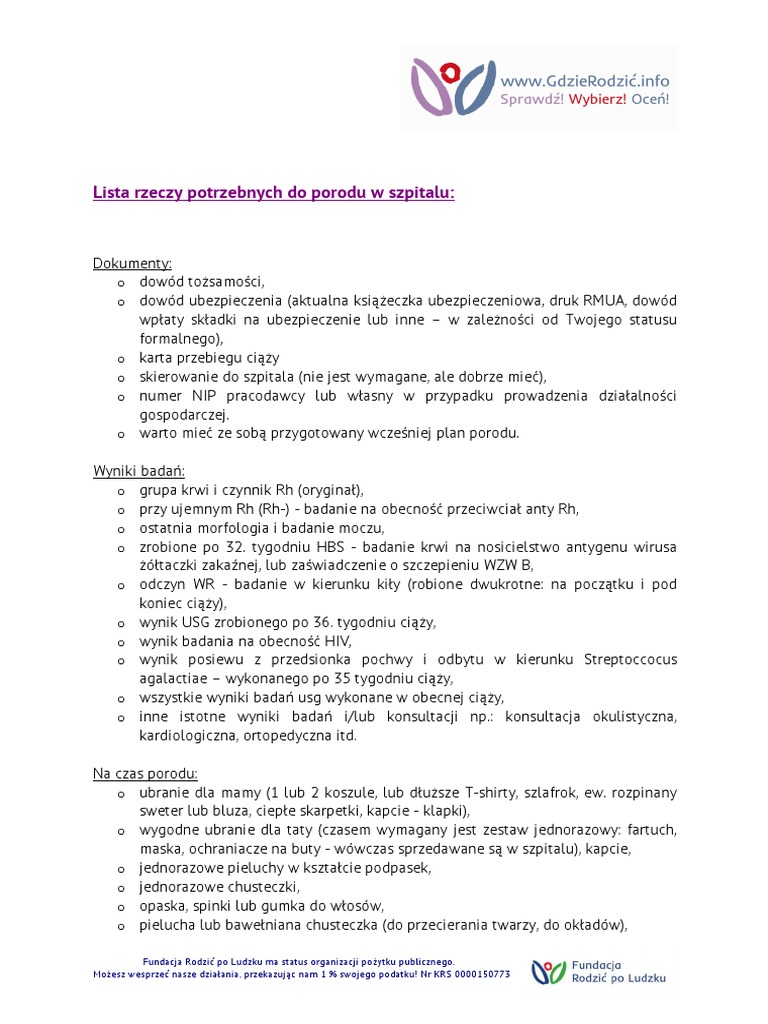 Lista Rzeczy Potrzebnych Do Porodu | PDF