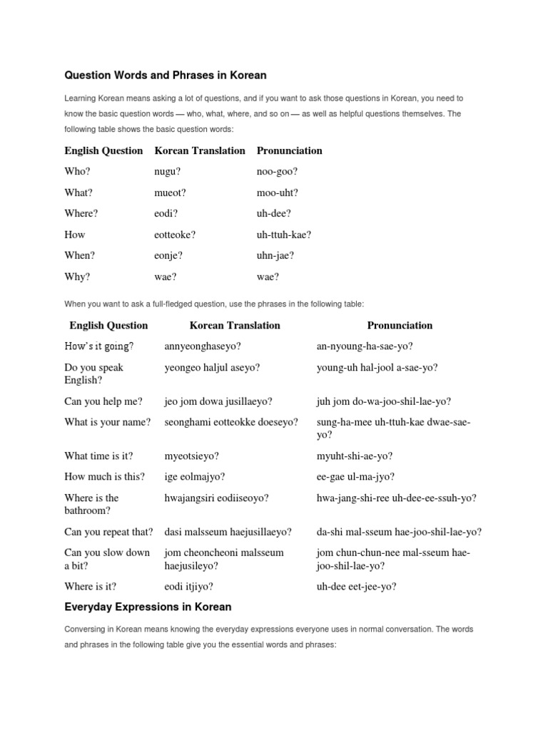 Korean Question Words and Phrases | PDF | Languages | Language Arts ...