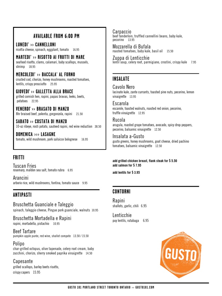 Gusto Main Menu Winter2013 | PDF | Italian Cuisine | Foods