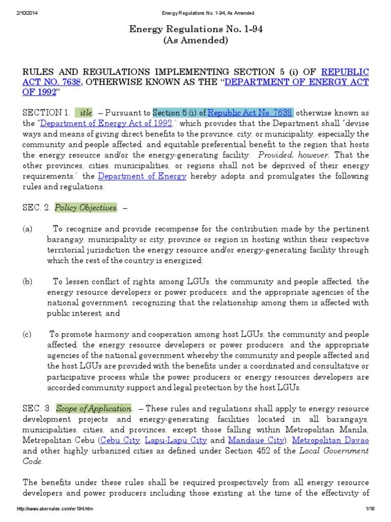 Energy Regulations No. 1-94 Overview | PDF | Electricity Generation ...