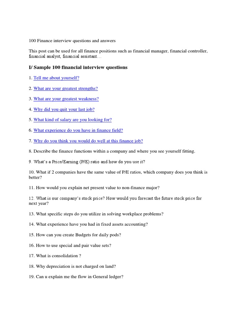 100 Finance Interview Questions And Answers Pdf Mergers And