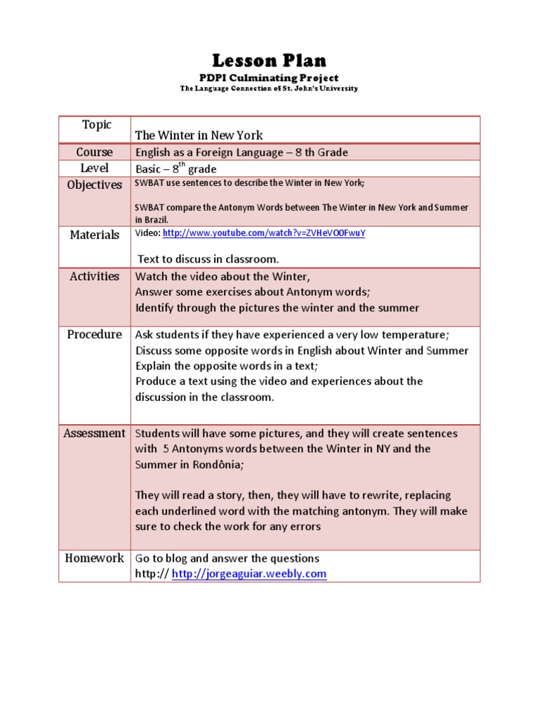 EFL Lesson Plan: Winter vs. Summer Antonyms | PDF