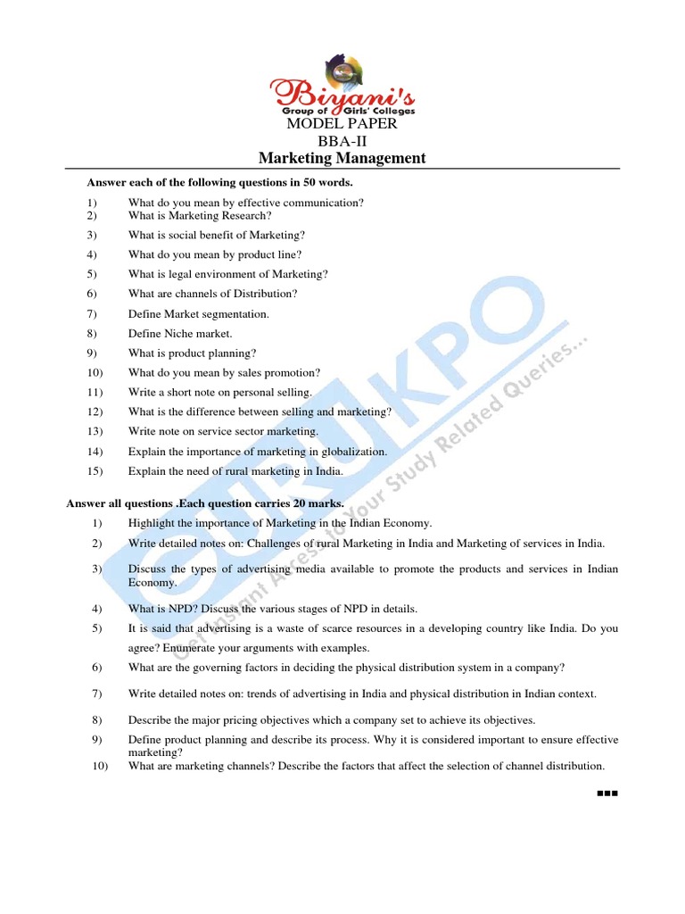 Marketing Management: Model Paper Bba-Ii | PDF