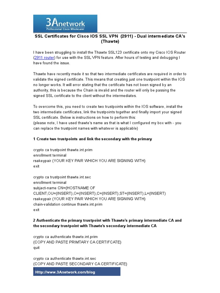 SSL Certificates For Cisco IOS SSL VPN (2911 Router) | PDF | Computing ...
