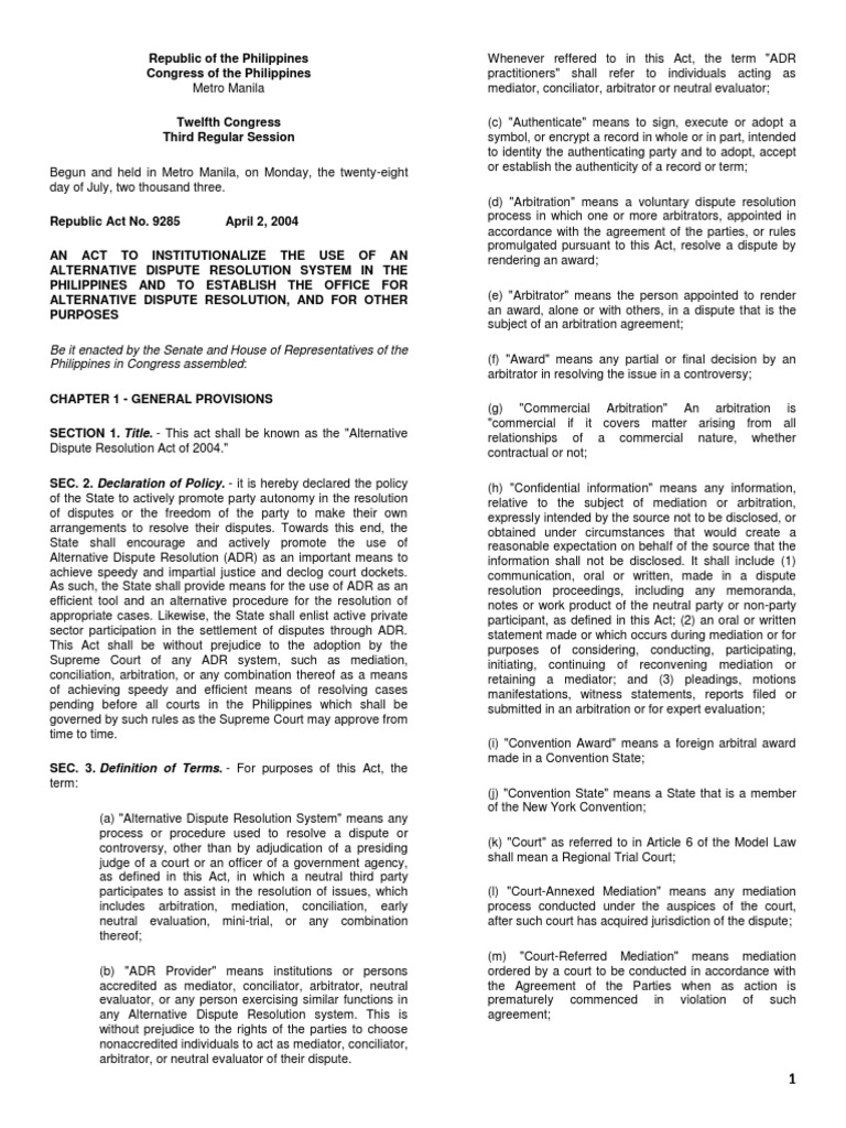 Ra 9285 | PDF | Alternative Dispute Resolution | Arbitral Tribunal