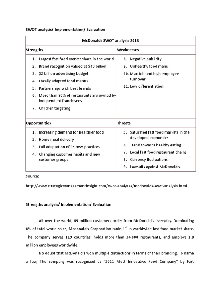 McDonald's SWOT Analysis 2013 | PDF | Mc Donald's | Fast Food