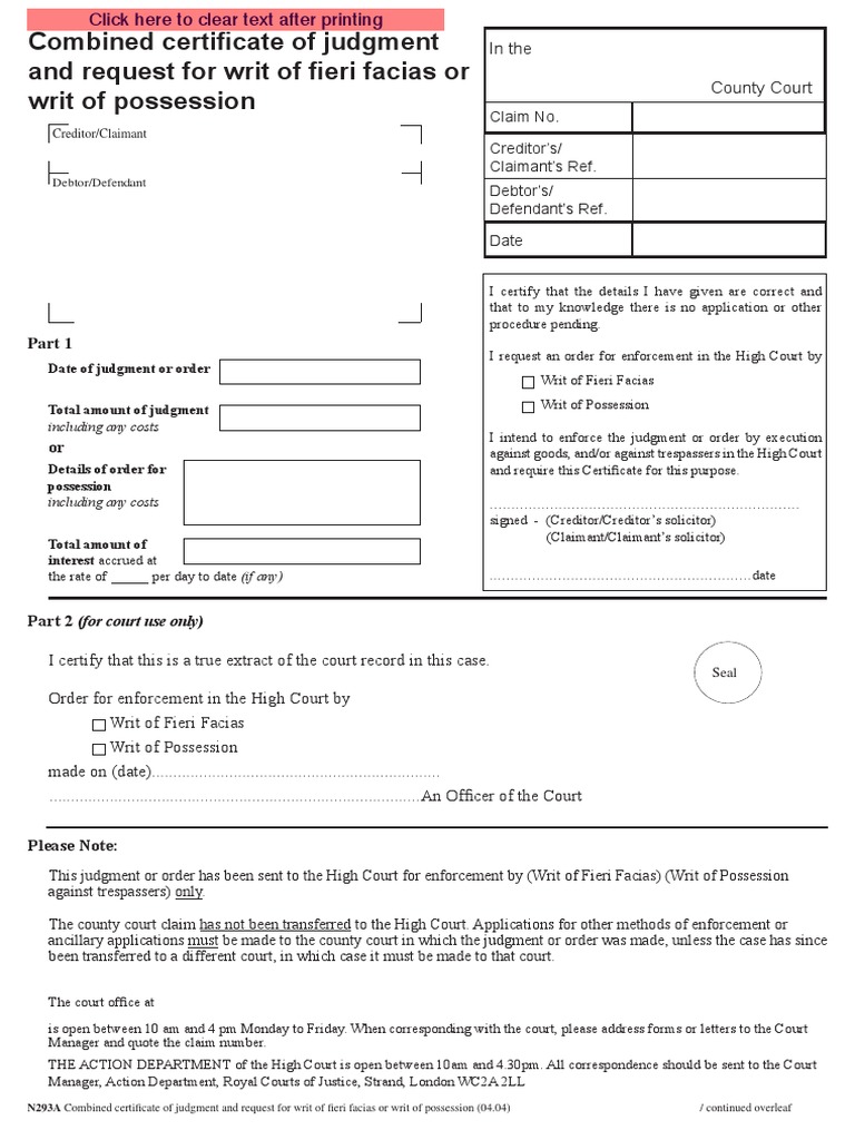 Writ For Possession N293a | PDF | County Court | Judgment (Law)