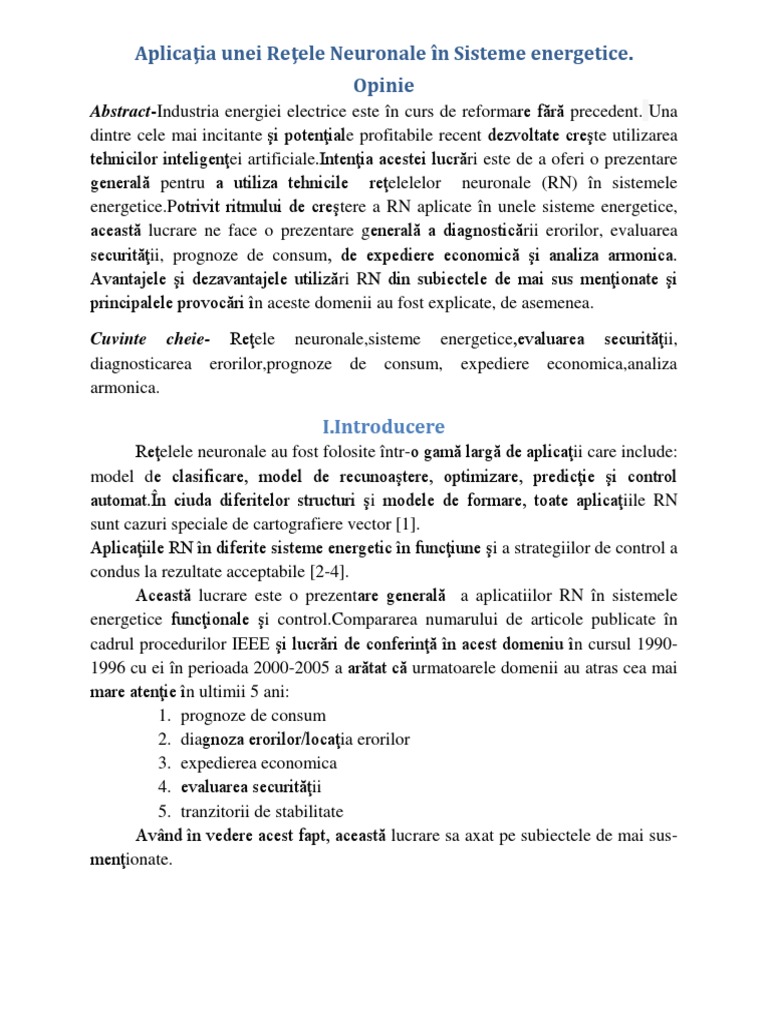 Aplicatia Unei Retele Neuronale in Sisteme Energetice | PDF