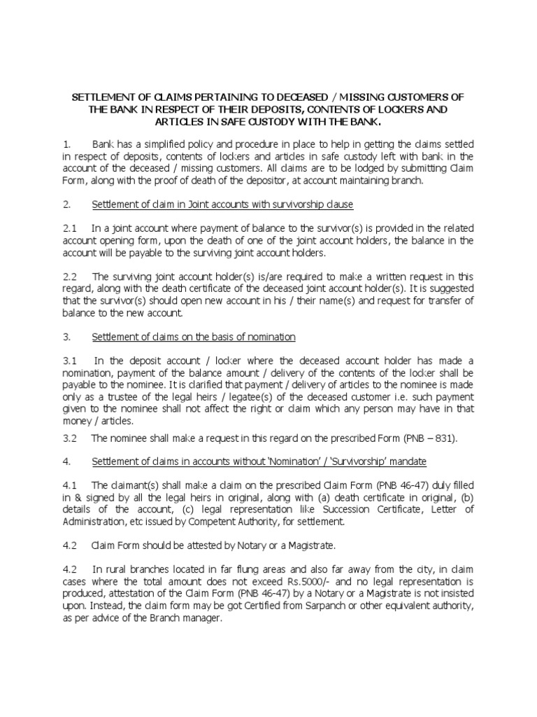 Check List Deceased Claims PNB | PDF | Deposit Account | Probate