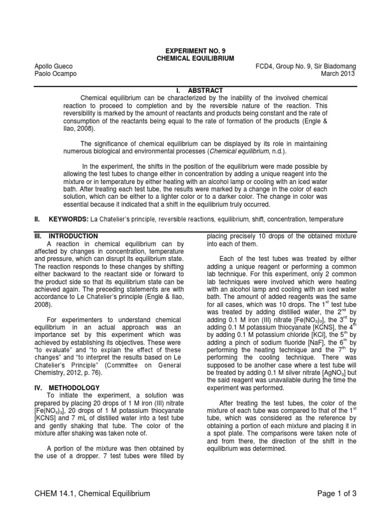 Experiment 9 Chemical Equilibrium | PDF | Chemical Equilibrium ...