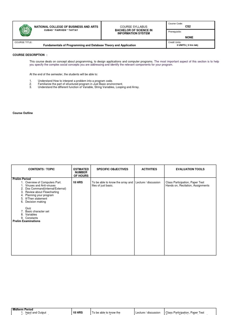 CS2 Programming Fundamentals Syllabus | PDF | Control Flow | Computer ...