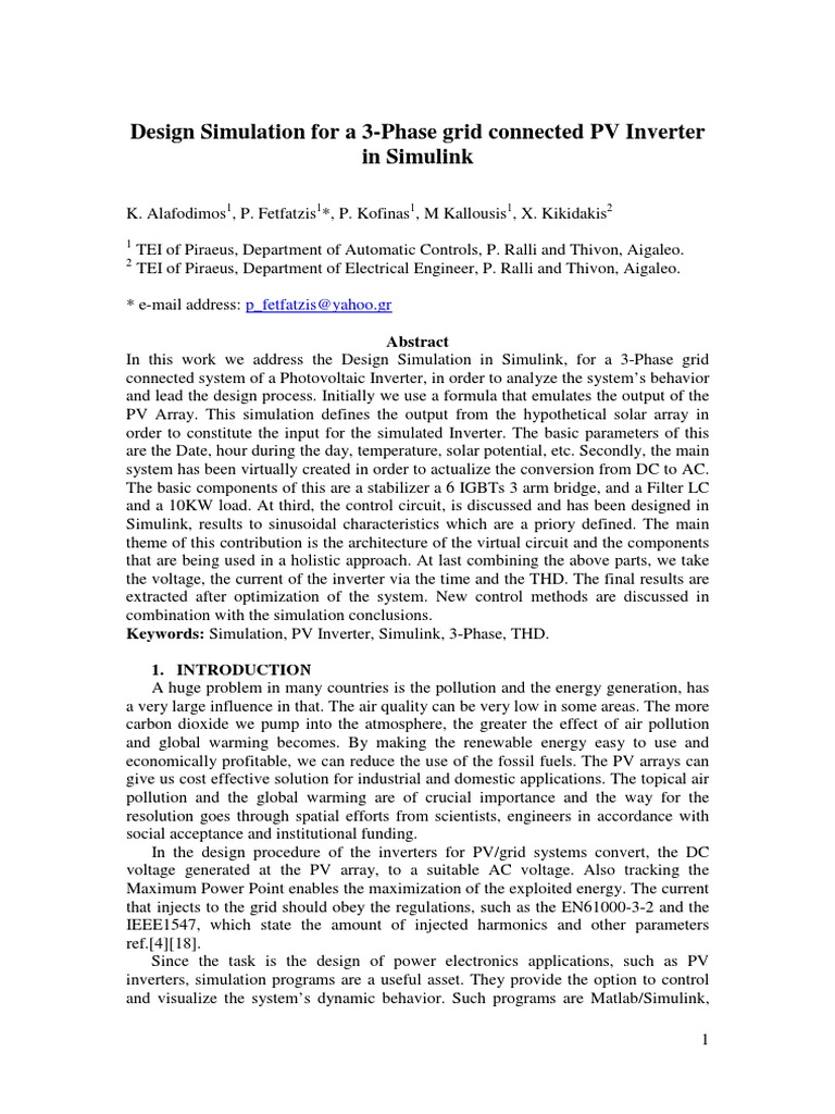Simulation and Design of a 3-Phase Grid Connected Photovoltaic Inverter ...