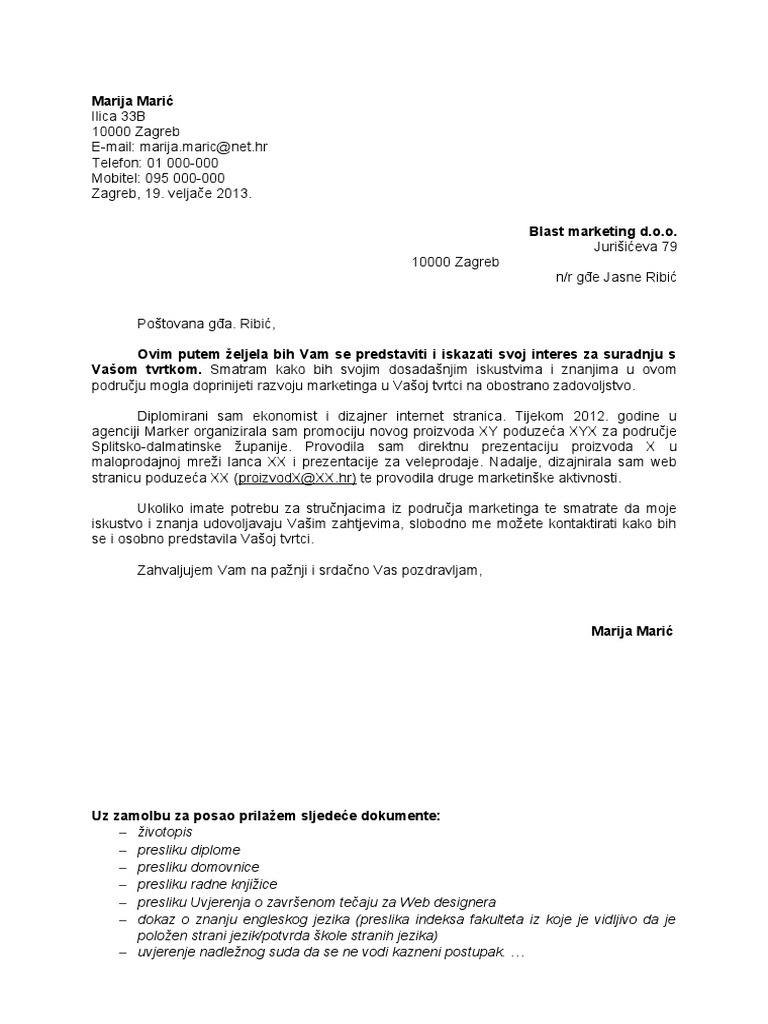 Primjer Molbe Bez Natjecaja | PDF