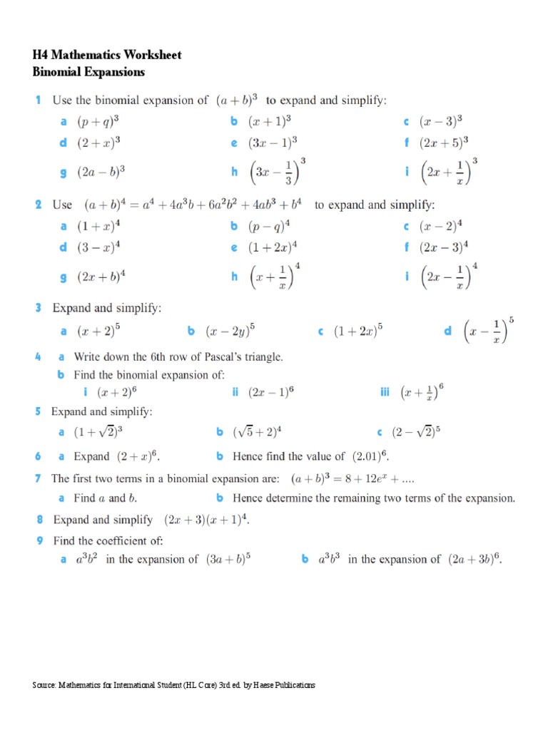 H4 Mathematics Worksheet Binomial Expansions | PDF | Teaching ...