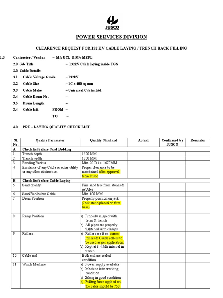 Final Check List Cable Laying | PDF | Cable | Wire