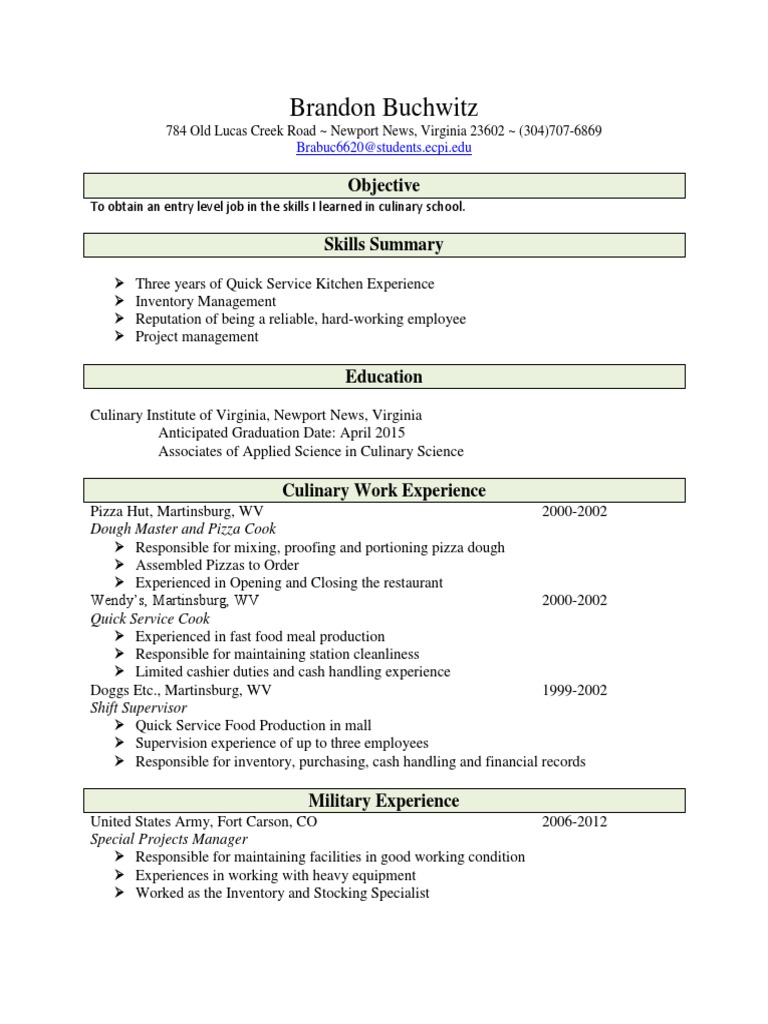 Brandon Buchwitz's Culinary Resume | PDF