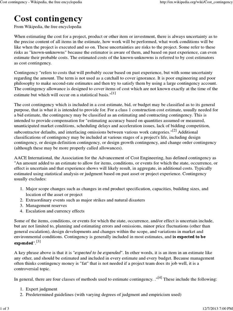 Cost Contingency: From Wikipedia, The Free Encyclopedia | PDF ...