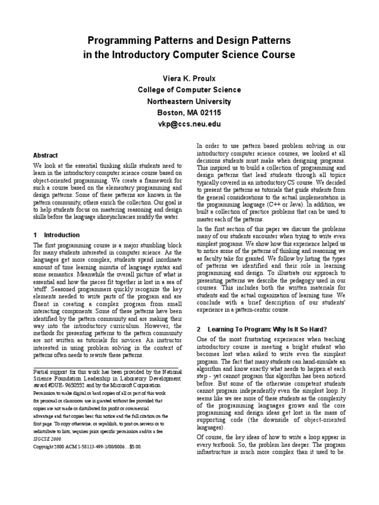 Programming Patterns and Design Patterns in The Introductory Computer Science Course | PDF ...