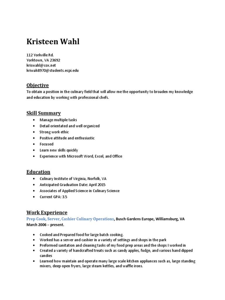 Culinary Career Objective and Skills | PDF