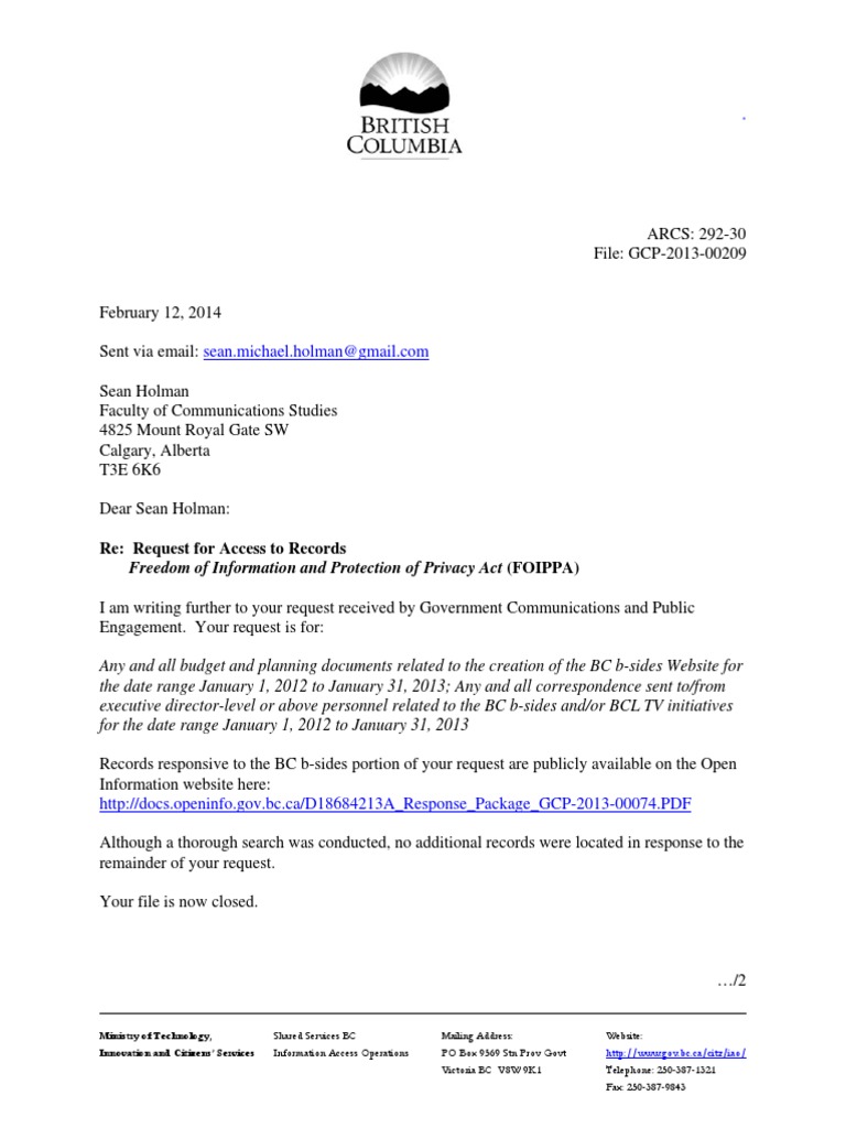 FOI Request Response for Sean Holman | PDF | Privacy | Government ...