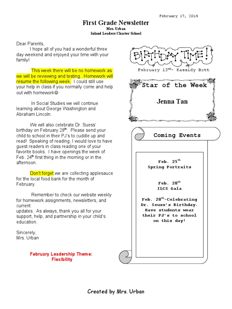 First Grade Newsletter - February 2014 | PDF
