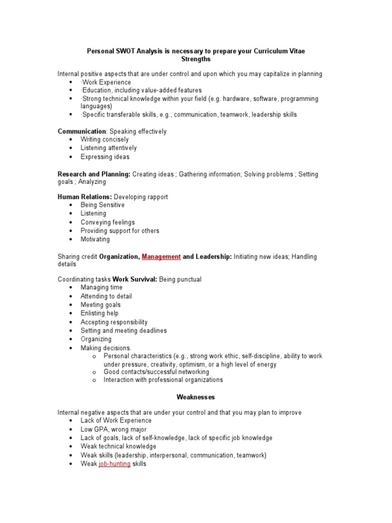 Personal SWOT Analysis for CV Prep | PDF | Swot Analysis | Leadership