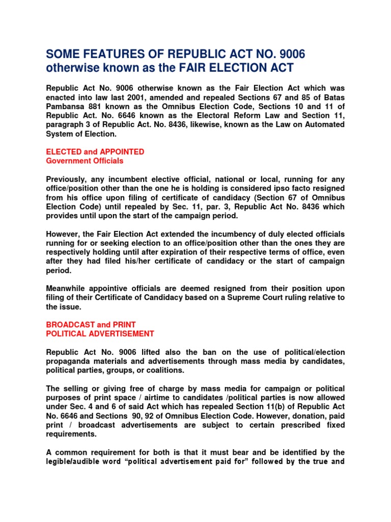 Some Features of Republic Act No. 9006 Otherwise Known As The FAIR ...
