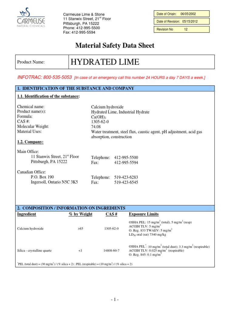 Hydrated Lime Msds 05 12 | Download Free PDF | Silicon Dioxide ...