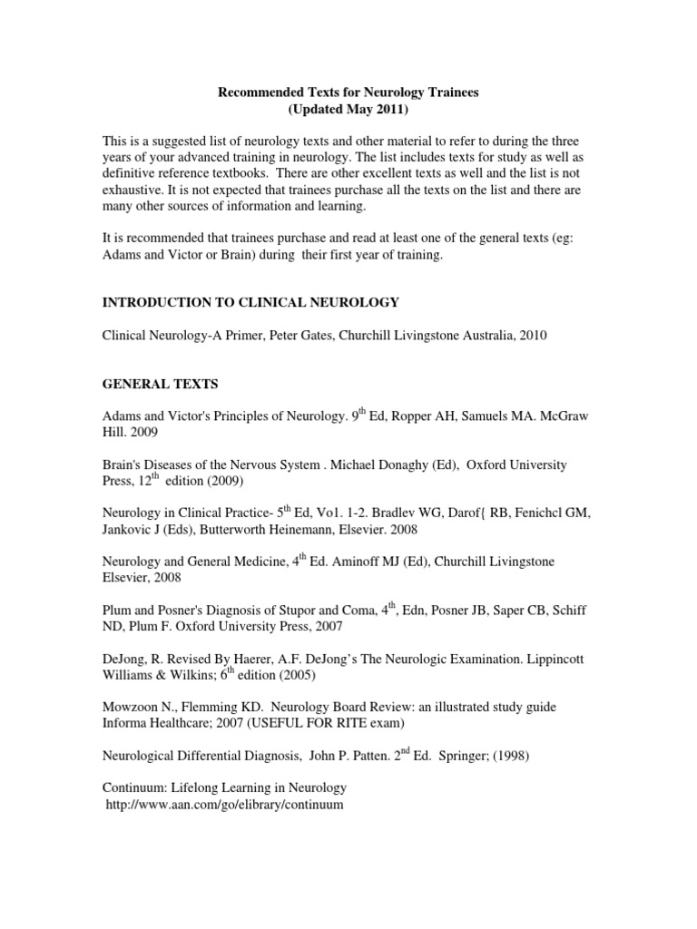 Recommended Texts For Neurology Trainees 2 | PDF | Neurology ...