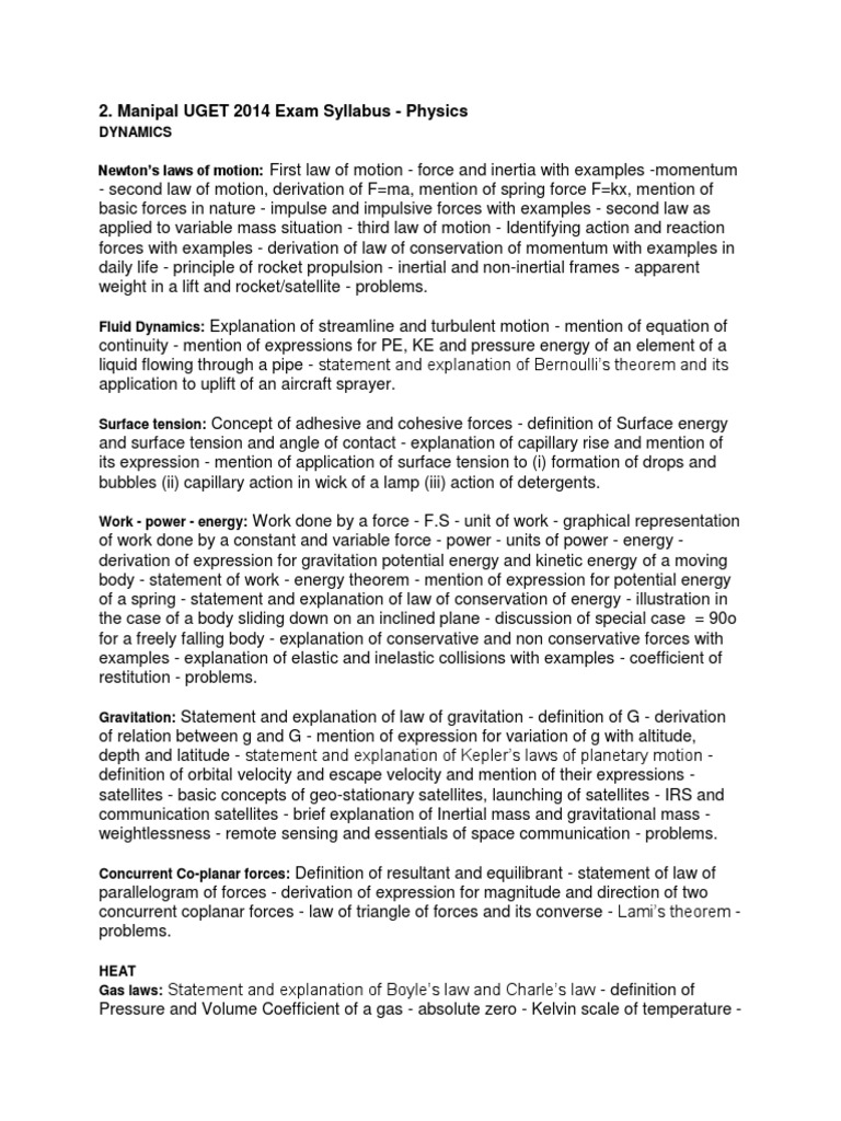 Manipal UGET 2014 Exam Syllabus - Physics: Dynamics Newton's Laws of ...