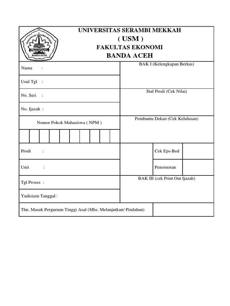 Contoh Blanko Usulan Ijazah Srata-1 Depan | PDF