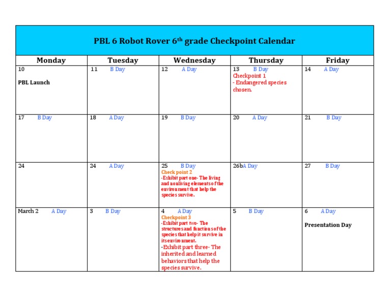 6th Grade Rover Project Calendar | PDF