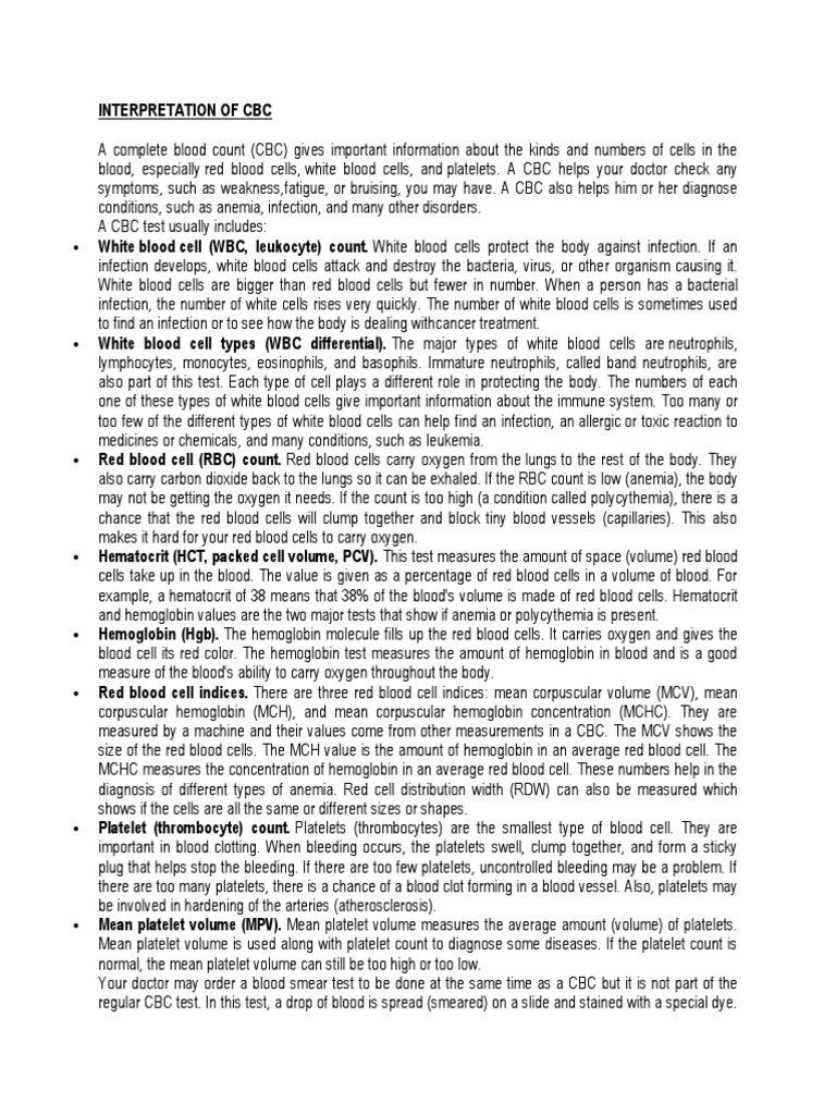 Interpretation of CBC, LFT, RFT and Esr | PDF | Renal Function | White ...