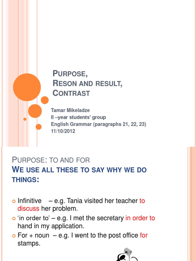 Purpose, Reason and Result, Contrast (Grammar) | PDF | Adjective ...