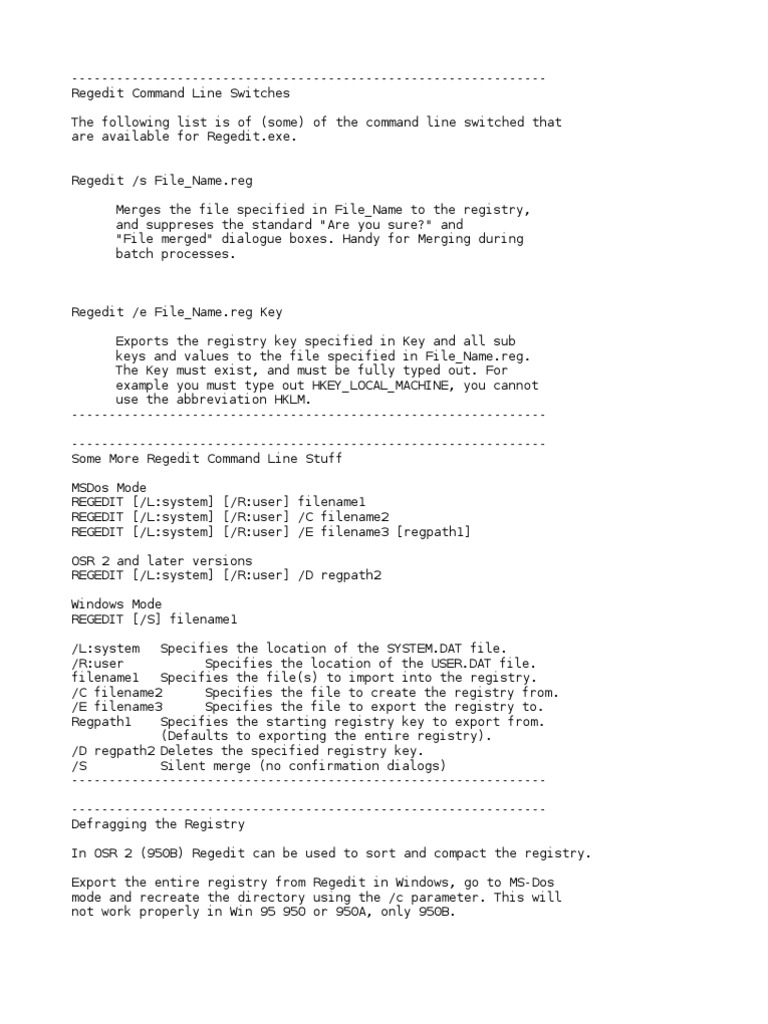 Regedit Command Line Switches | PDF | Windows Registry | Computer Data