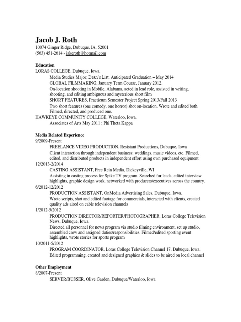 Jacob J. Roth: Media Studies Resume | PDF | Career & Growth | Social ...