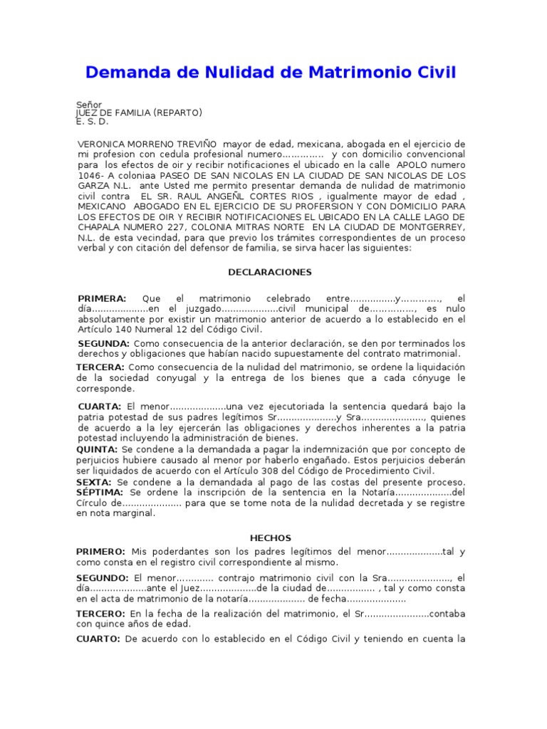 Demanda de Nulidad Matrimonial Civil | PDF | Anulación | Matrimonio