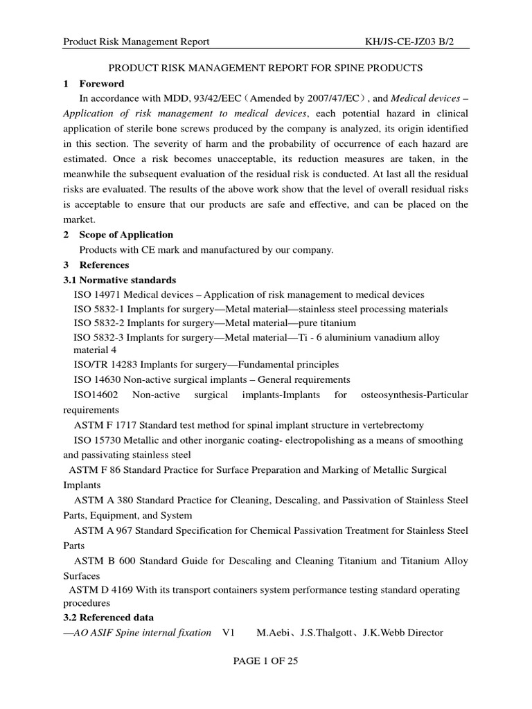 Product Risk Management Report For Spine Products | PDF | Medical ...