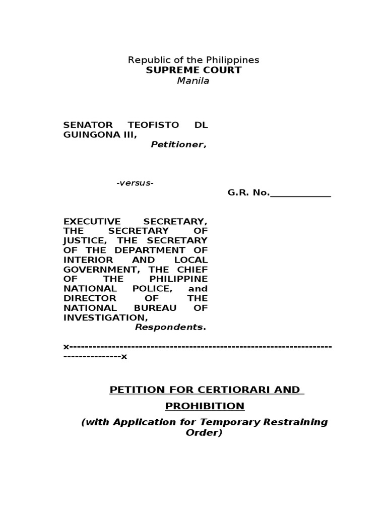 Senator TG Guingona Petition For Certiorari and Prohibition | PDF ...
