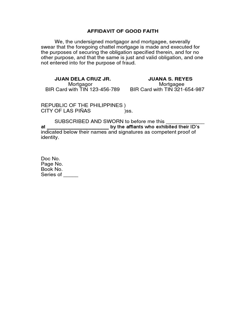 Affidavit of Good Faith Mortgage | PDF